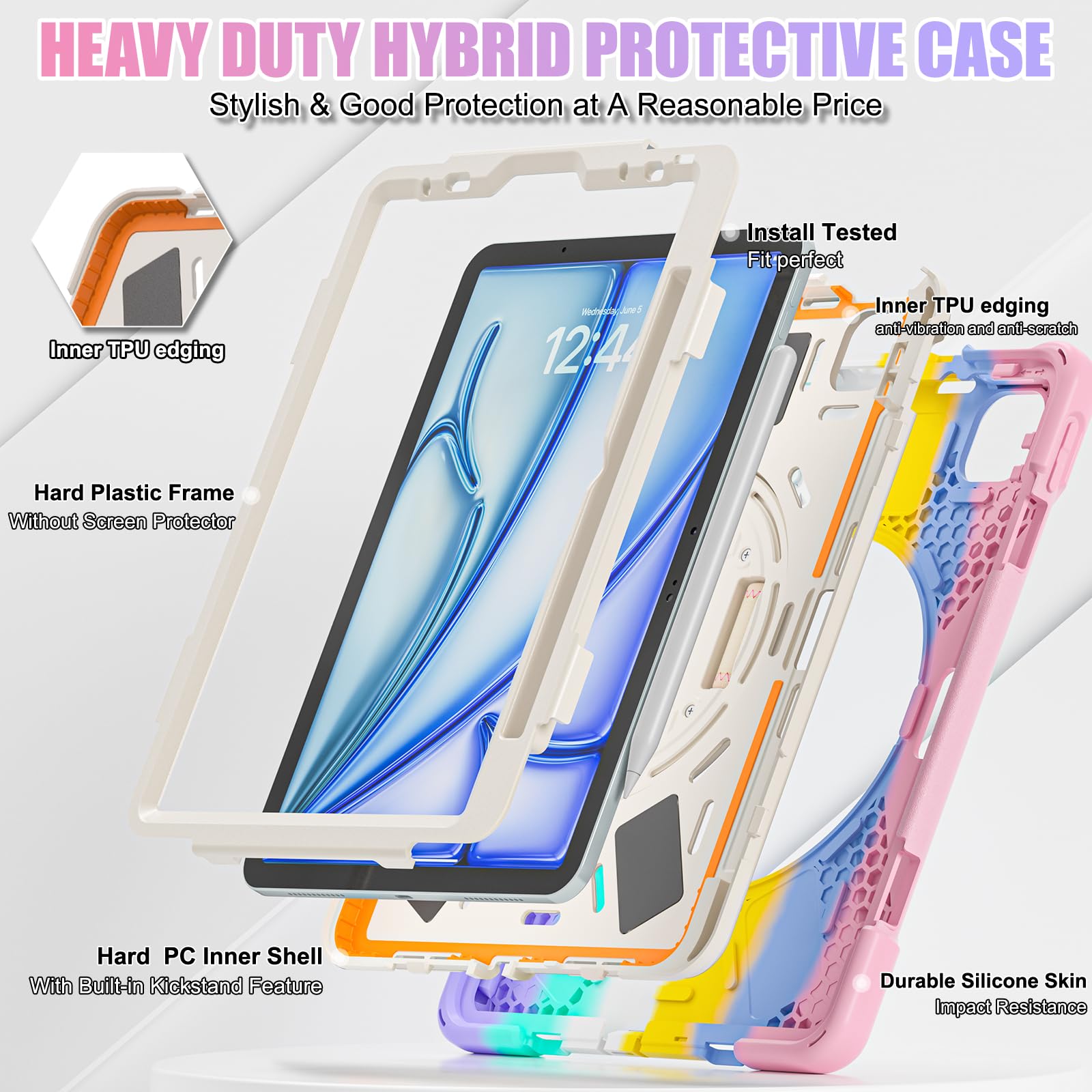 BRAECNstock Kids Case for Apple iPad Air 13 inch (M3/ M2)/ Pro 12.9 inch 6th/5th/4th/3rd Geneation, Shockproof Protective Case with Pencil Holder, [360° Rotating Hand Strap + Stand], Colorful Pink
