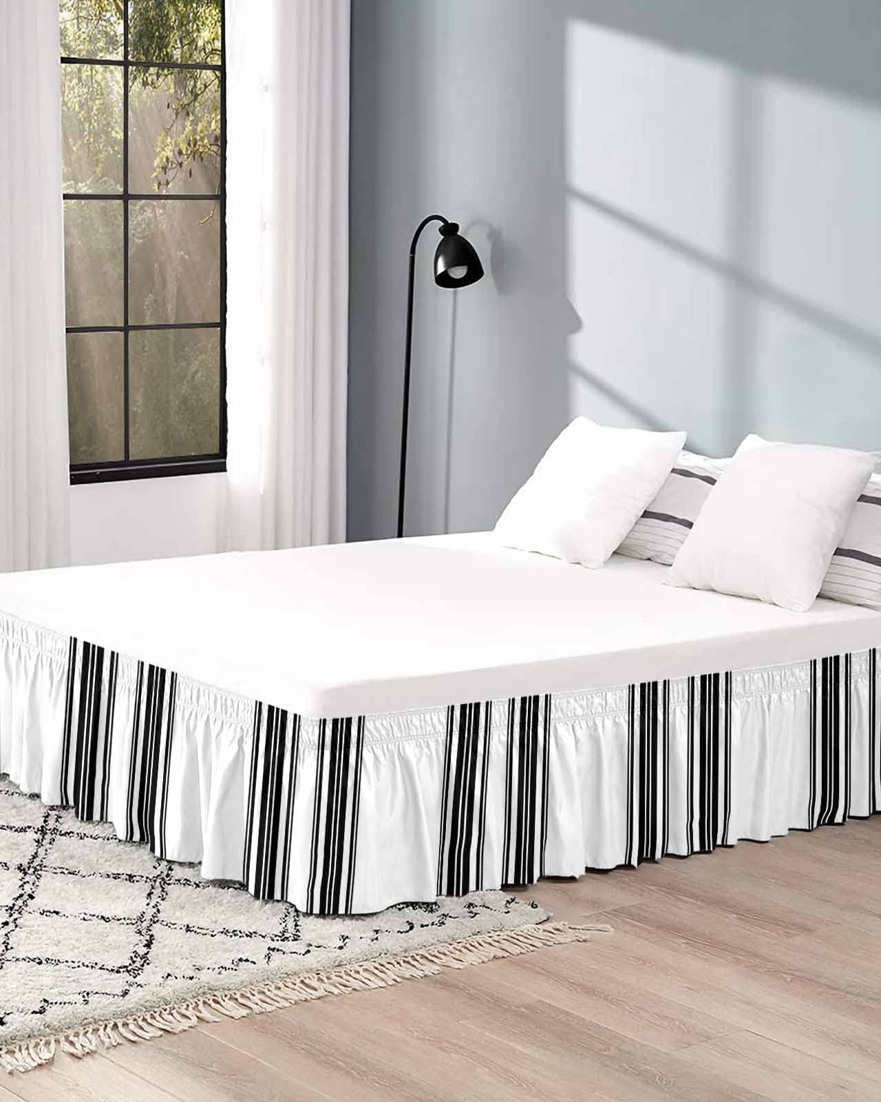 Black Stripes Bed Skirt Queen Size 18 Inch Drop,Adjustable & Elastic Wrap Around Bed Skirts Pleated Luxury Dust Ruffles for Twin Full Queen Cal King Bed,Traditional Bohemian Geometric Art Decor White