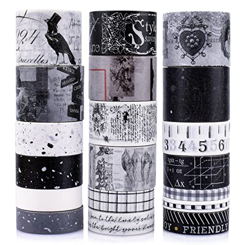 DAPUTOU 20 Rolls Vintage Washi Tape Set,Wide Floral Stamp Letter Old Newspaper Antique Retro Decorative Masking Tape Sets for Scrapbook, Craft,Kids, Scrapbooking Supplies (Black)