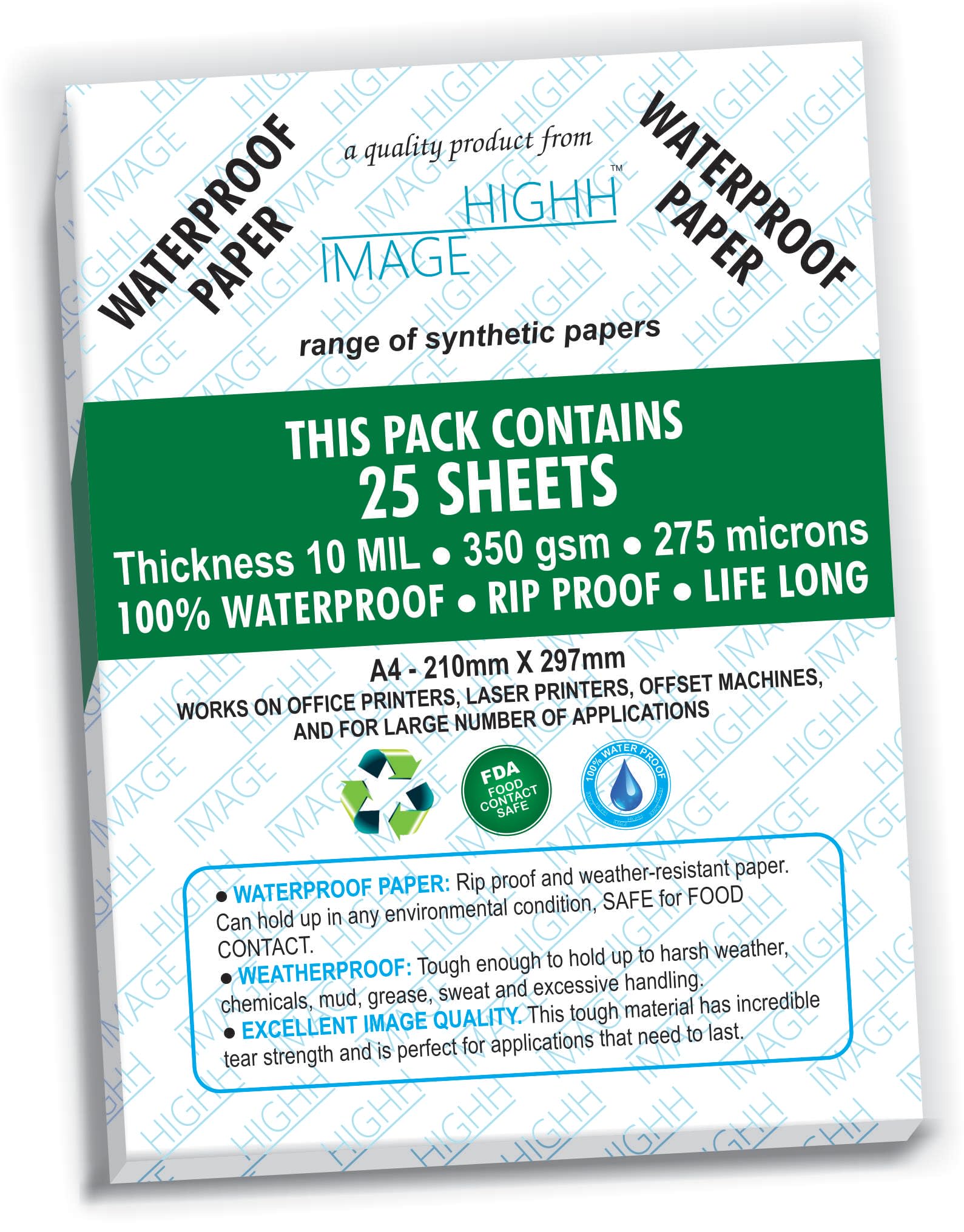 WATERPROOF PAPER | 25 SHEETS, THICKNESS 10 MIL LB, 225 LB, 275 MICRONS SYNTHETIC PAPER, 8.5X11 from HIGHH IMAGE | PRINT WITH LASER PRINTERS | Not for Inkjet Printers.