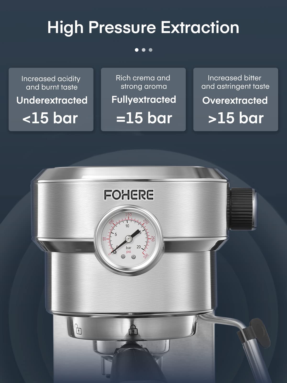 FOHERE Espresso Machine, 15 Bar Espresso and Cappuccino Maker with Milk Frother Steam Wand, Professional Espresso Coffee Machine for Espresso, Cappuccino, Latte and Mocha, Brushed Stainless Steel