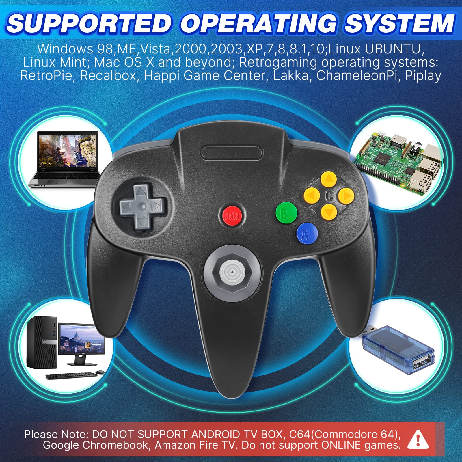 2 Pack USB N64 Controller, FISUPER Wired Video Game Controller USB Gamepad for Windows PC MAC Raspberry PI Retropie (Black)
