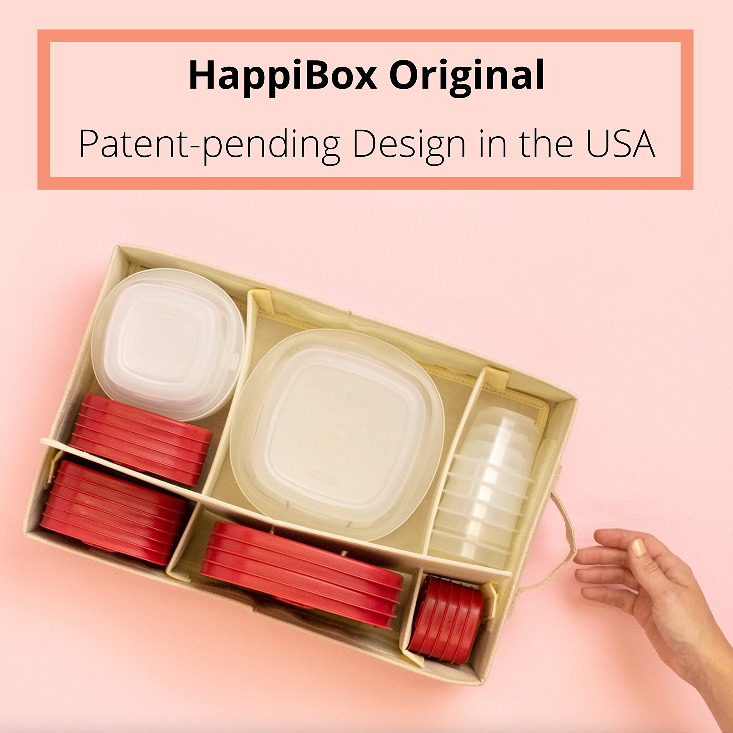 HappiBox Food Storage Container Organizer Box β Kitchen Drawer Organizer Compatible with Tupperware, Rubbermaid, Glad Containers and Lids β Adjustable Foldable Cloth Box