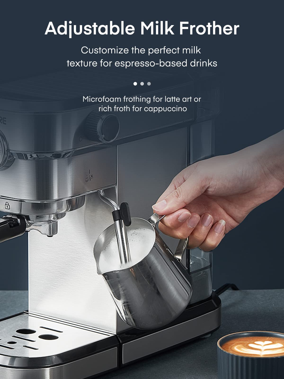 FOHERE Espresso Machine, 15 Bar Espresso and Cappuccino Maker with Milk Frother Steam Wand, Professional Espresso Coffee Machine for Espresso, Cappuccino, Latte and Mocha, Brushed Stainless Steel