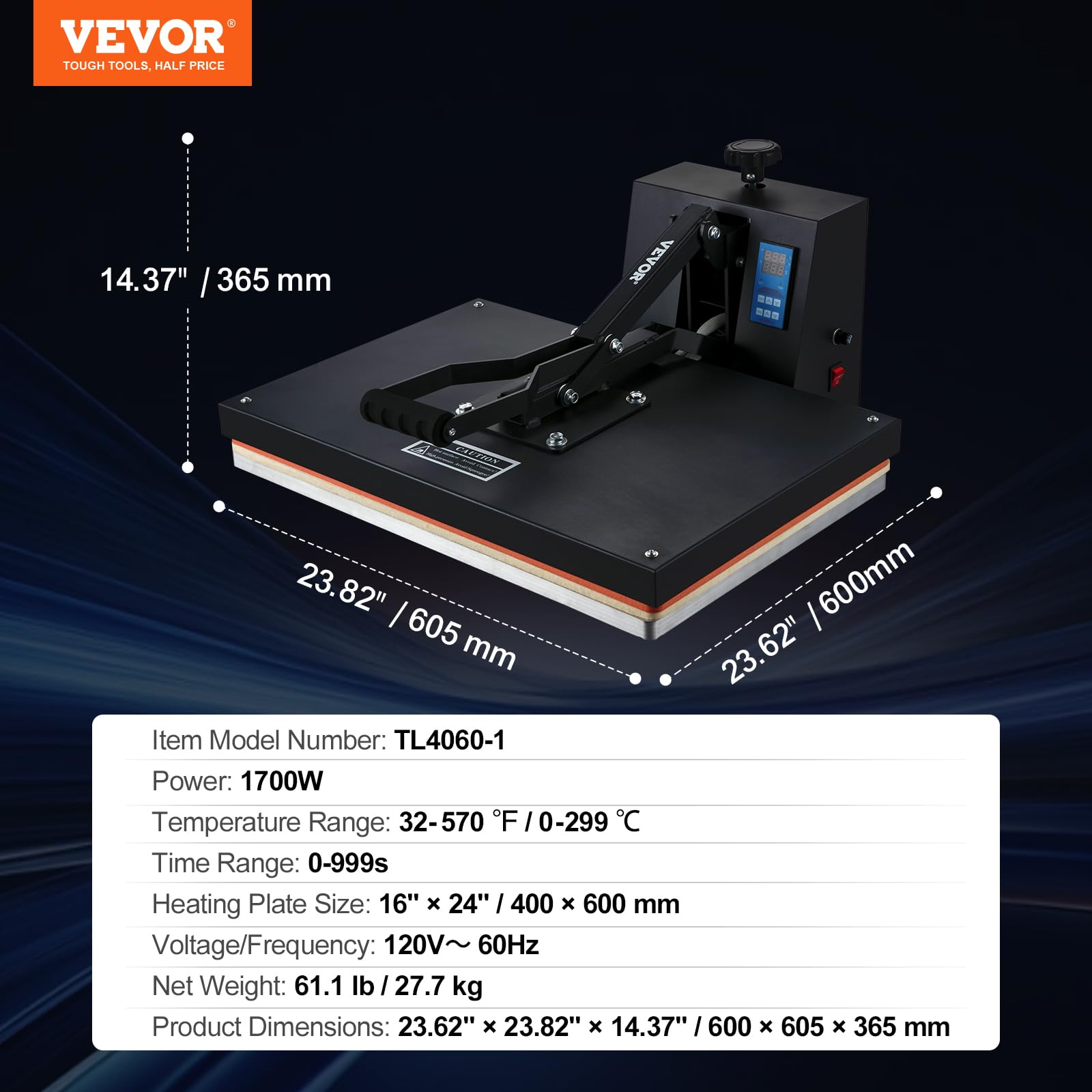 VEVOR Heat Press Machine, 16 x 24 in / 40 x 61 cm, Clamshell Sublimation Transfer Printer Teflon Coated, Digital Precise Heat Control, Silica-Gel Sponge Powerpress for T-Shirt Bag Pad Pillow