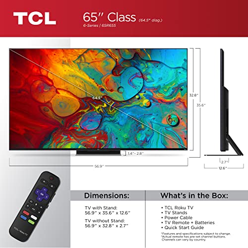 TCL 55" Class 6-Series 4K Mini-LED UHD QLED Dolby Vision IQ & Atmos, 144Hz VRR, AMD FreeSync Premium Pro, Smart Roku TV β 55R655 (2022 Model), Black