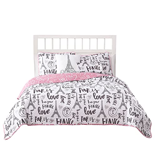 Quaint Home, Pillows, and Shams, 4-Piece Quilt Set, Twin, Bonjour Paris Pink/White/Black