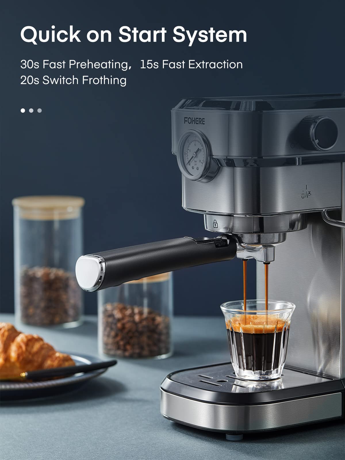 FOHERE Espresso Machine, 15 Bar Espresso and Cappuccino Maker with Milk Frother Steam Wand, Professional Espresso Coffee Machine for Espresso, Cappuccino, Latte and Mocha, Brushed Stainless Steel