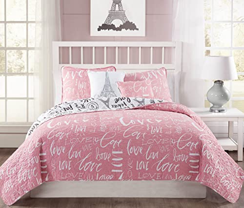 Quaint Home, Pillows, and Shams, 4-Piece Quilt Set, Twin, Bonjour Paris Pink/White/Black