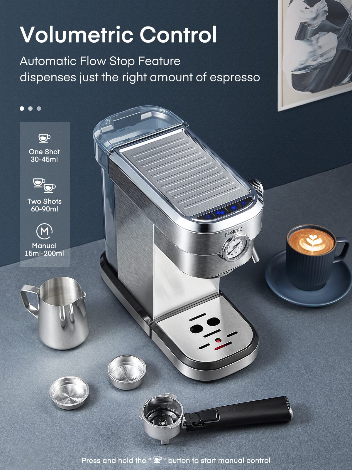 FOHERE Espresso Machine, 15 Bar Espresso and Cappuccino Maker with Milk Frother Steam Wand, Professional Espresso Coffee Machine for Espresso, Cappuccino, Latte and Mocha, Brushed Stainless Steel