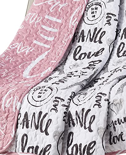 Quaint Home, Pillows, and Shams, 4-Piece Quilt Set, Twin, Bonjour Paris Pink/White/Black