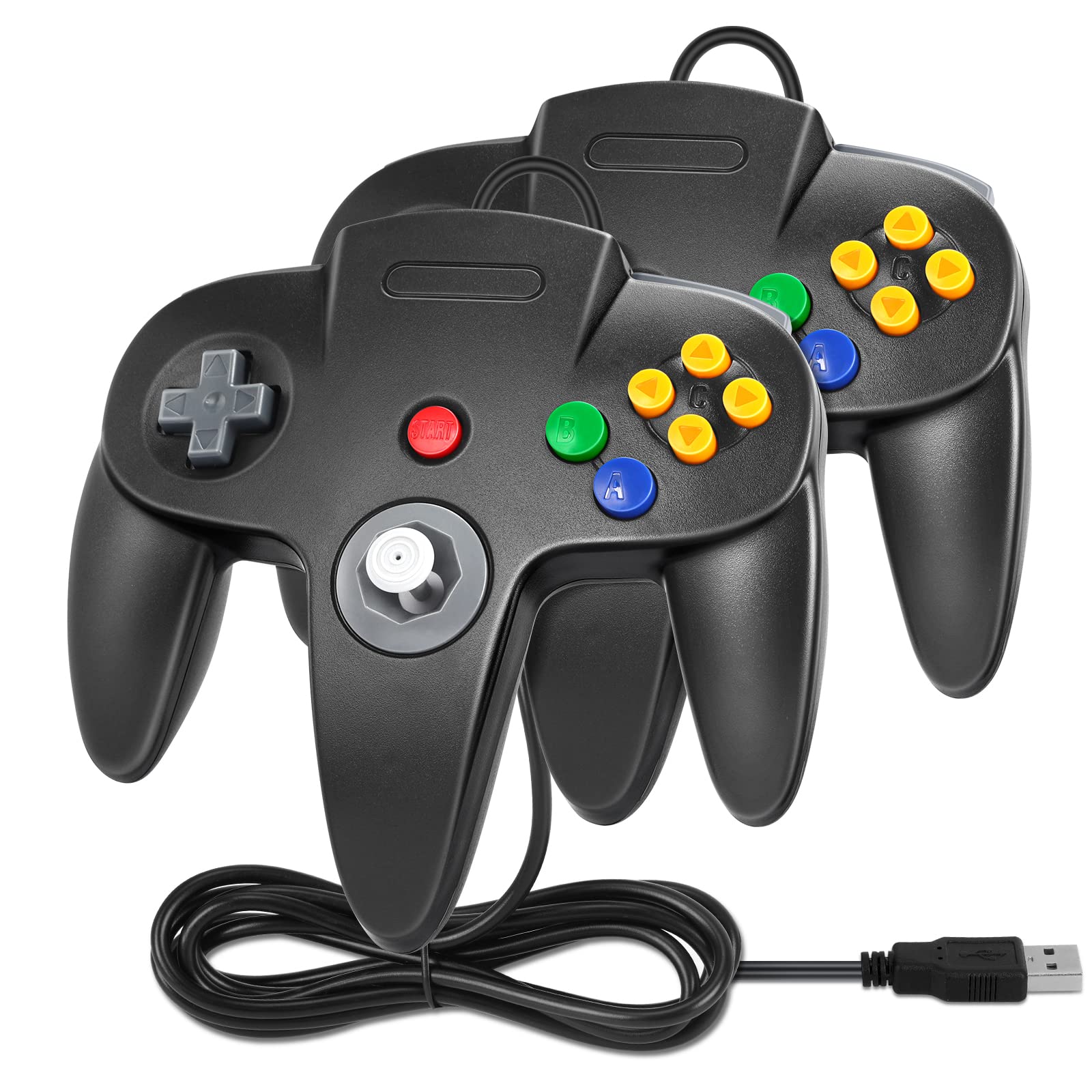 2 Pack USB N64 Controller, FISUPER Wired Video Game Controller USB Gamepad for Windows PC MAC Raspberry PI Retropie (Black)