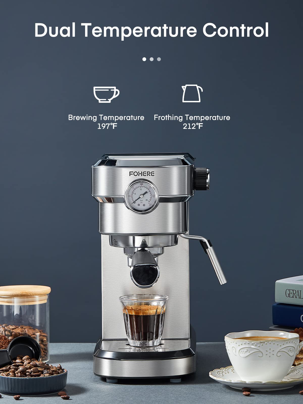 FOHERE Espresso Machine, 15 Bar Espresso and Cappuccino Maker with Milk Frother Steam Wand, Professional Espresso Coffee Machine for Espresso, Cappuccino, Latte and Mocha, Brushed Stainless Steel
