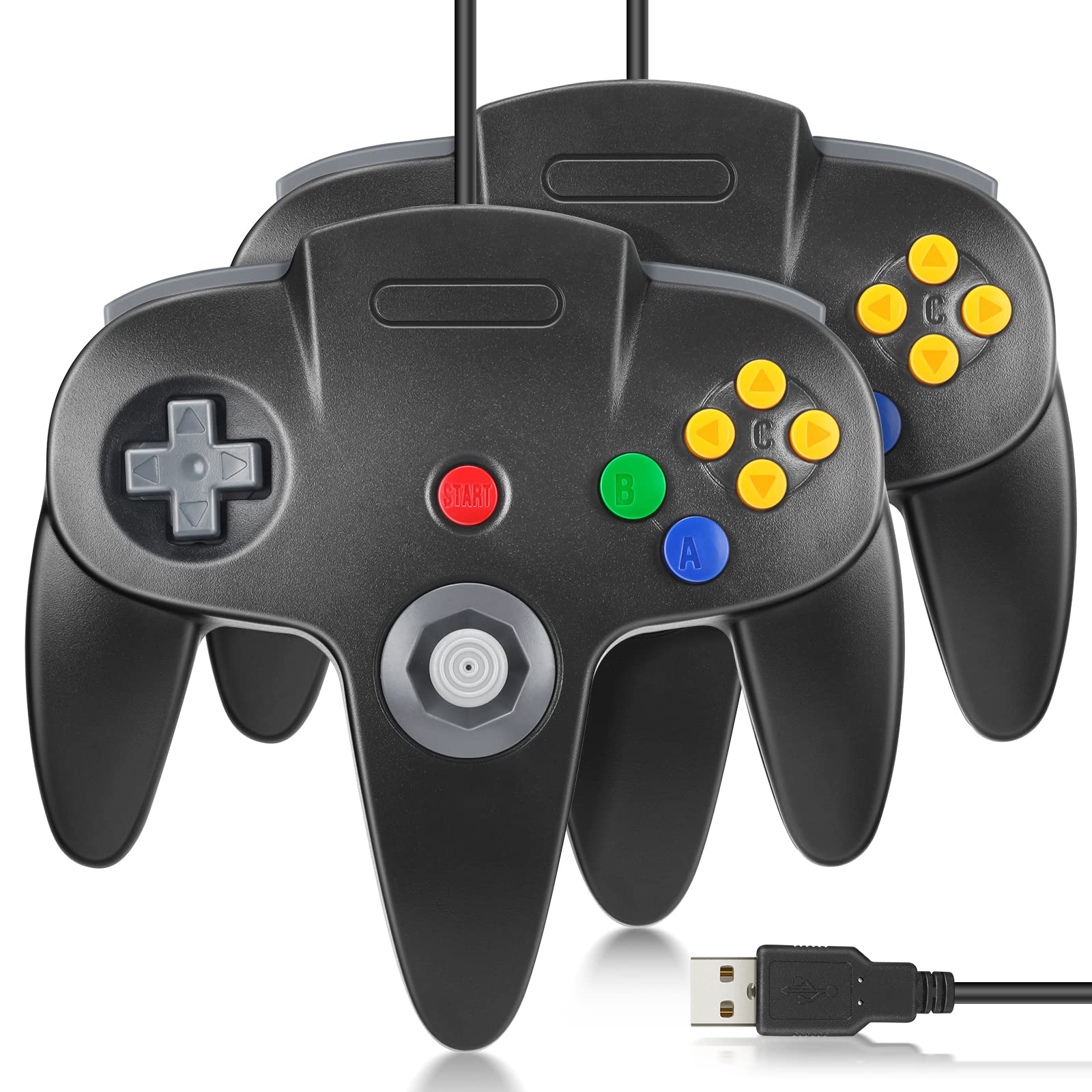 2 Pack USB N64 Controller, FISUPER Wired Video Game Controller USB Gamepad for Windows PC MAC Raspberry PI Retropie (Black)