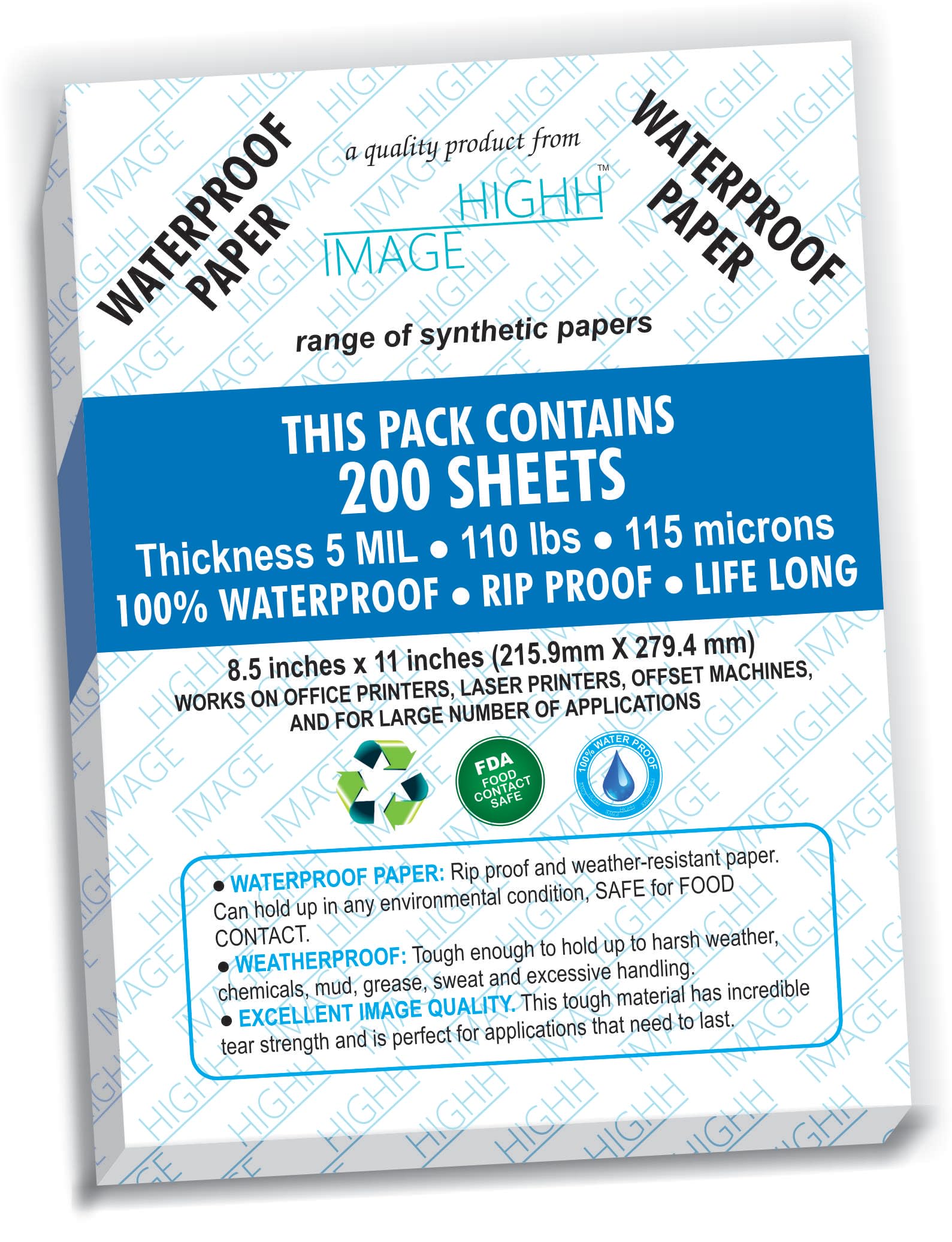 Waterproof Paper | 200 Sheets Non-Tear Paper for Laser Printers 5 MIL 110 LB, Synthetic Double Sided Paper, 8.5X11 from HIGHH Image
