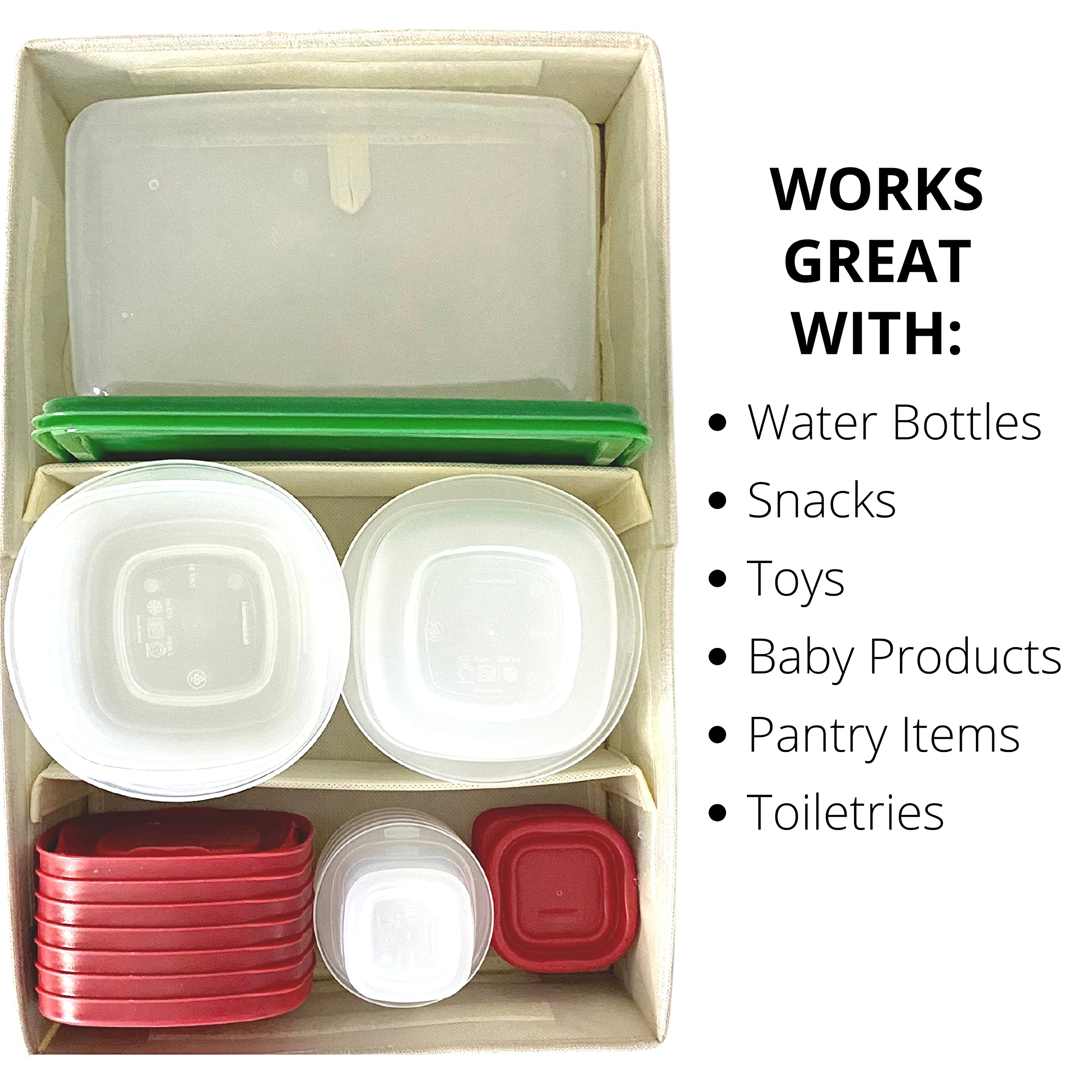 HappiBox Food Storage Container Organizer Box β Kitchen Drawer Organizer Compatible with Tupperware, Rubbermaid, Glad Containers and Lids β Adjustable Foldable Cloth Box