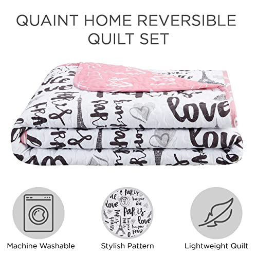 Quaint Home, Pillows, and Shams, 4-Piece Quilt Set, Twin, Bonjour Paris Pink/White/Black