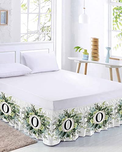 Monogrammed Bed Skirt Cal King Size 16 Inch Drop, Adjustable & Elastic Wrap Around Bed Skirts Pleated Luxury Dust Ruffles for Twin Full Queen Cal King Base Bed, Green Eucalyptus Black Letter O