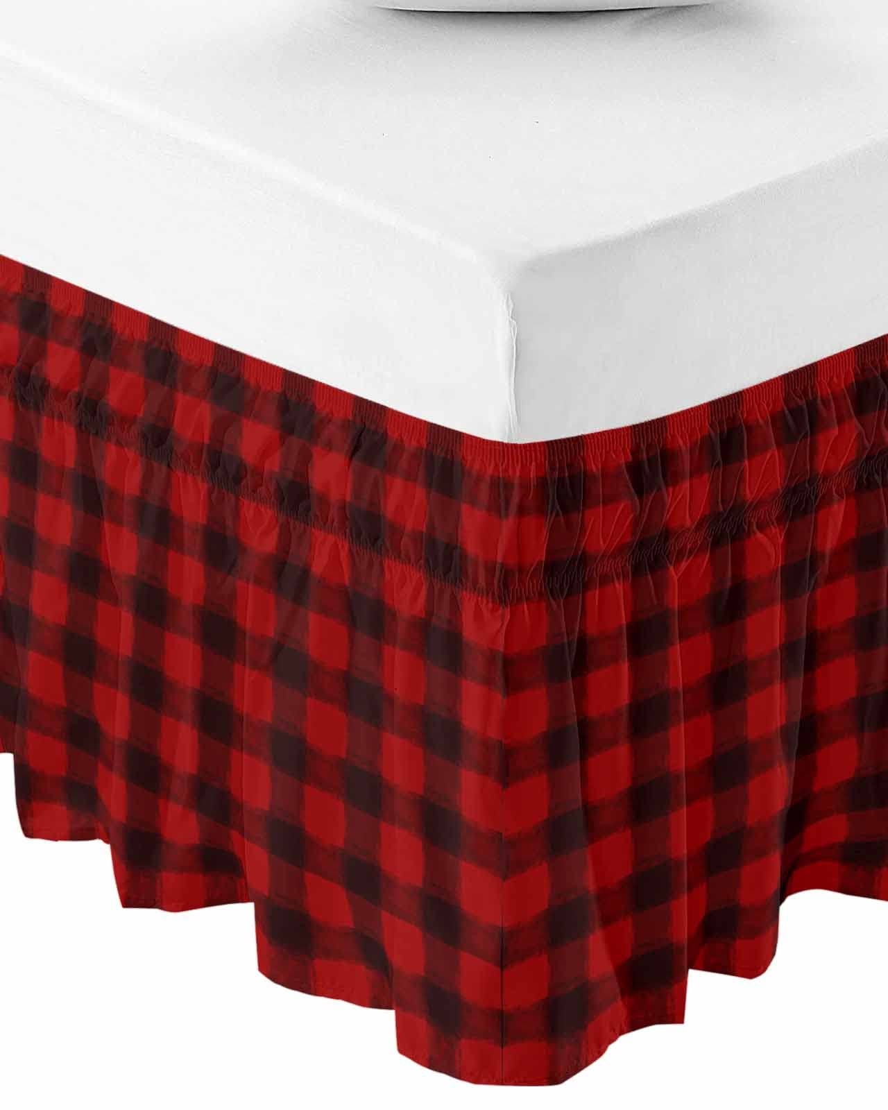 Red Black Plaid Bed Skirt Queen Size 16 Inch Drop, Adjustable & Elastic Wrap Around Bed Skirts Pleated Luxury Dust Ruffles for Twin Full Queen Cal King Base Bed, Christmas Farmhouse Rustic Checkered