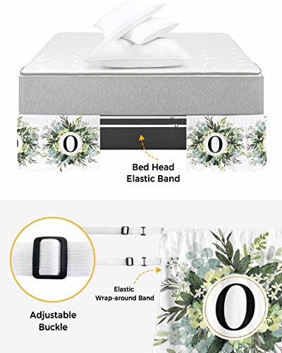 Monogrammed Bed Skirt Cal King Size 16 Inch Drop, Adjustable & Elastic Wrap Around Bed Skirts Pleated Luxury Dust Ruffles for Twin Full Queen Cal King Base Bed, Green Eucalyptus Black Letter O