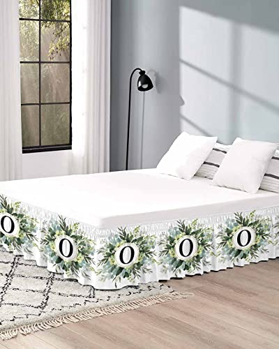 Monogrammed Bed Skirt Cal King Size 16 Inch Drop, Adjustable & Elastic Wrap Around Bed Skirts Pleated Luxury Dust Ruffles for Twin Full Queen Cal King Base Bed, Green Eucalyptus Black Letter O