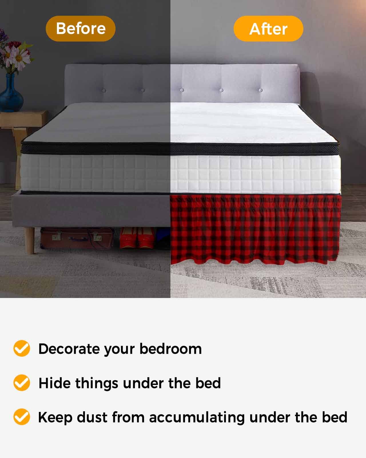 Red Black Plaid Bed Skirt Queen Size 16 Inch Drop, Adjustable & Elastic Wrap Around Bed Skirts Pleated Luxury Dust Ruffles for Twin Full Queen Cal King Base Bed, Christmas Farmhouse Rustic Checkered
