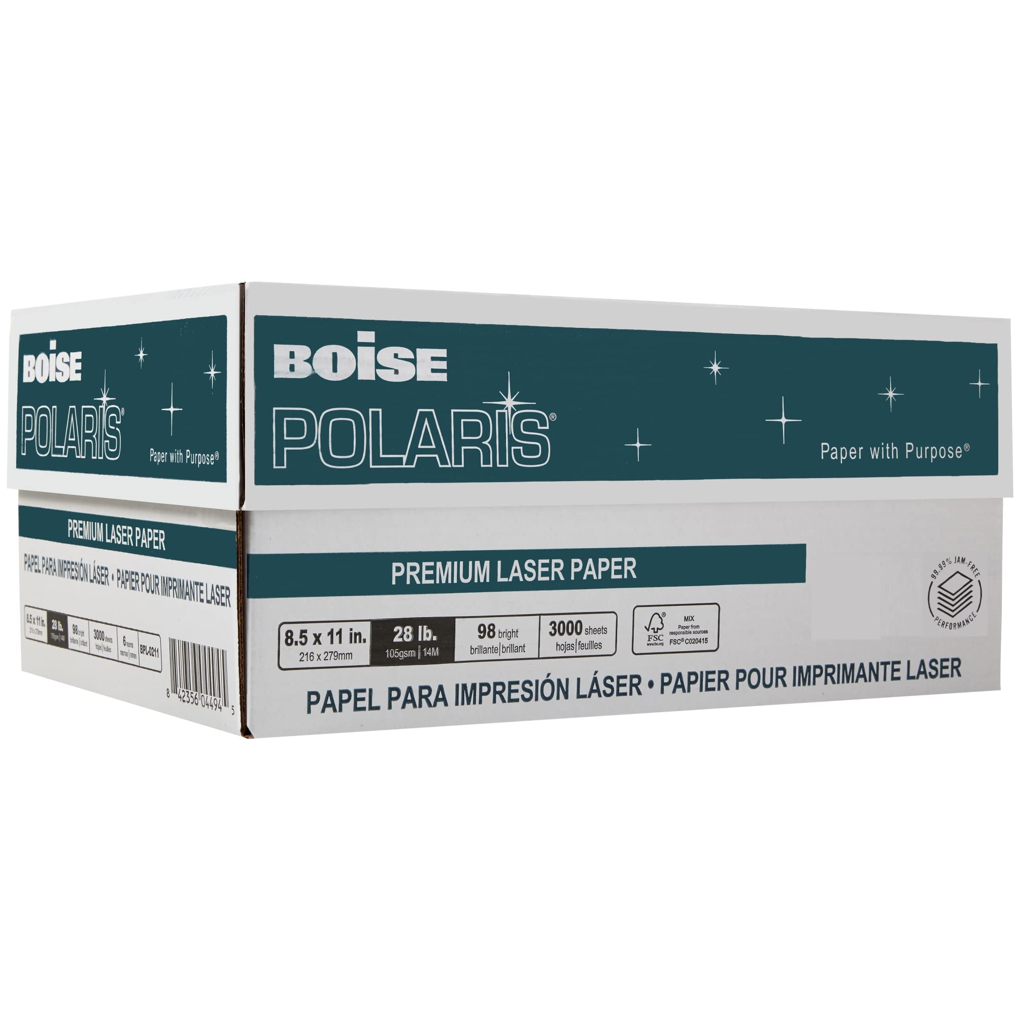 BOISE POLARIS Premium Laser Paper, 8.5" x 11" Letter, 98 Bright White, 28 lb, 6 Ream Carton (3,000 Sheets)