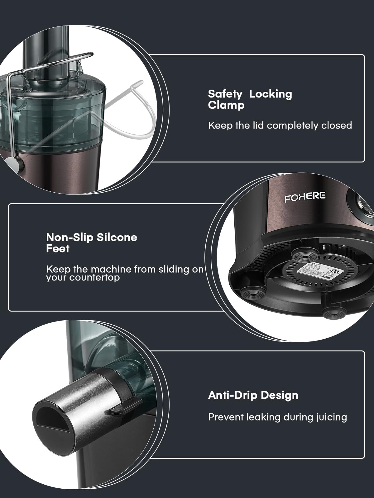 FOHERE Juicer Machines,1200W Max Power Centrifugal Juicer Extractor with 3-inch Wide feed chute & Anti-Drip for Fruit and Vegetable, 2-Speed Setting, Easy to Clean with Brush, Stainless Steel, 800W