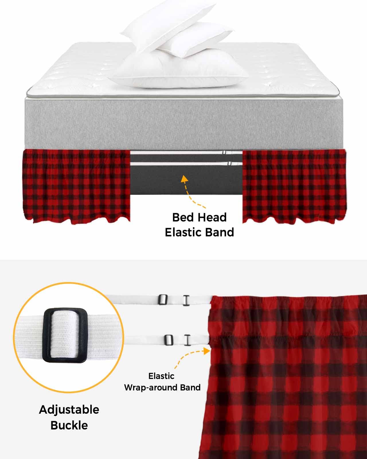 Red Black Plaid Bed Skirt Queen Size 16 Inch Drop, Adjustable & Elastic Wrap Around Bed Skirts Pleated Luxury Dust Ruffles for Twin Full Queen Cal King Base Bed, Christmas Farmhouse Rustic Checkered