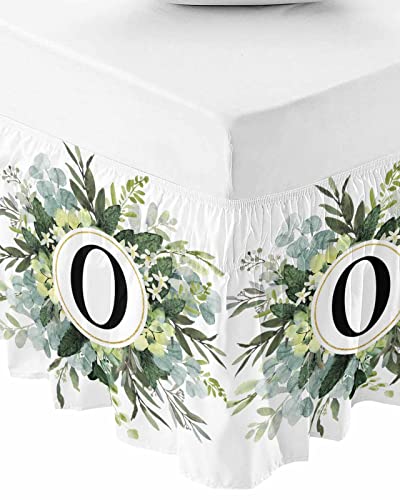 Monogrammed Bed Skirt Cal King Size 16 Inch Drop, Adjustable & Elastic Wrap Around Bed Skirts Pleated Luxury Dust Ruffles for Twin Full Queen Cal King Base Bed, Green Eucalyptus Black Letter O
