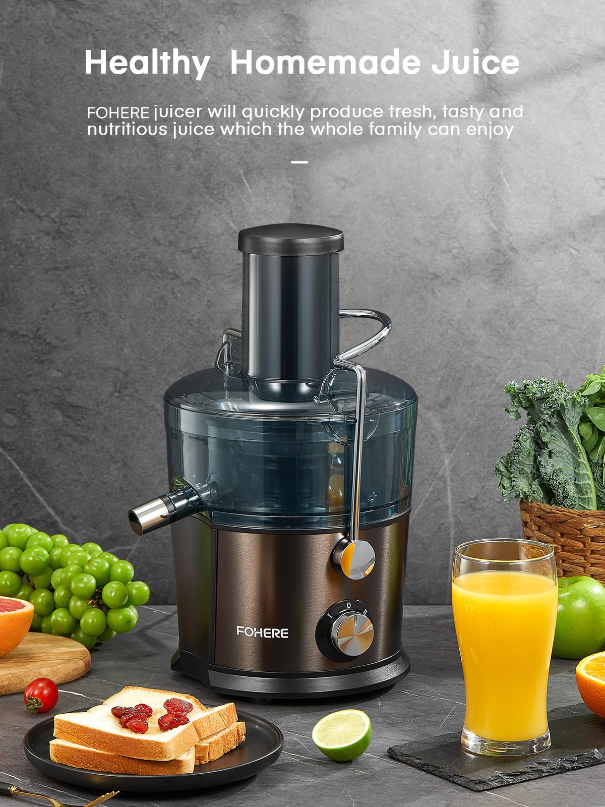 FOHERE Juicer Machines,1200W Max Power Centrifugal Juicer Extractor with 3-inch Wide feed chute & Anti-Drip for Fruit and Vegetable, 2-Speed Setting, Easy to Clean with Brush, Stainless Steel, 800W