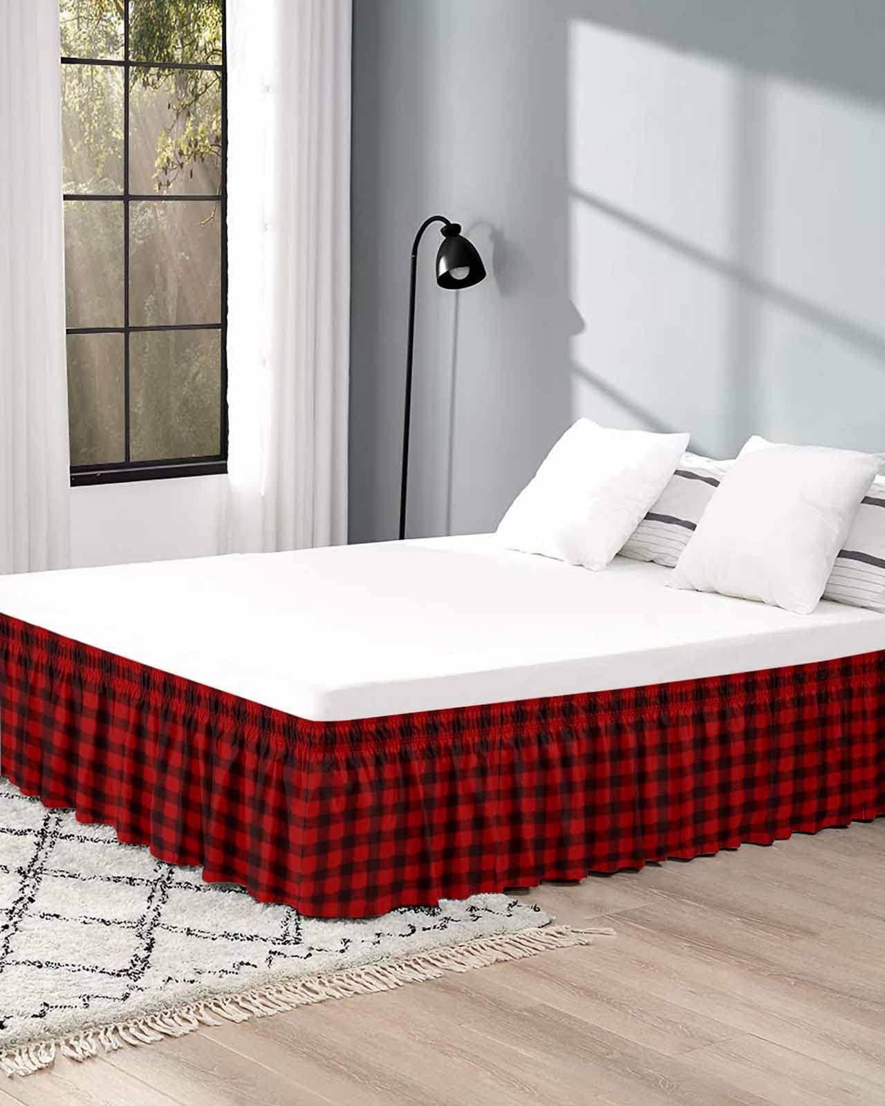 Red Black Plaid Bed Skirt Queen Size 16 Inch Drop, Adjustable & Elastic Wrap Around Bed Skirts Pleated Luxury Dust Ruffles for Twin Full Queen Cal King Base Bed, Christmas Farmhouse Rustic Checkered