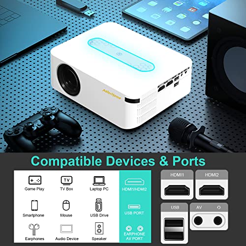 AsterHome X1 Projector with WiFi and Bluetooth, Native 1080P Full HD 5G WiFi Outdoor Projector, Support 4K|200" Display | 12000LM UHD |AI Voice Control|Bluetooth 5.0|Dolby Sound Home Theater Projector
