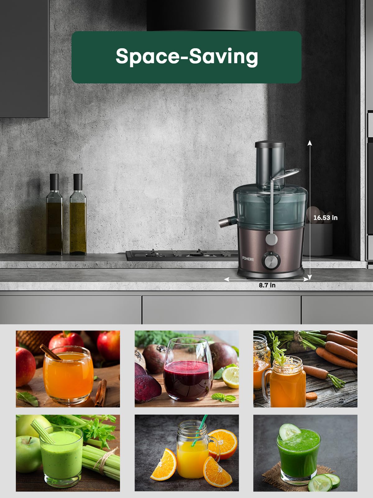 FOHERE Juicer Machines,1200W Max Power Centrifugal Juicer Extractor with 3-inch Wide feed chute & Anti-Drip for Fruit and Vegetable, 2-Speed Setting, Easy to Clean with Brush, Stainless Steel, 800W