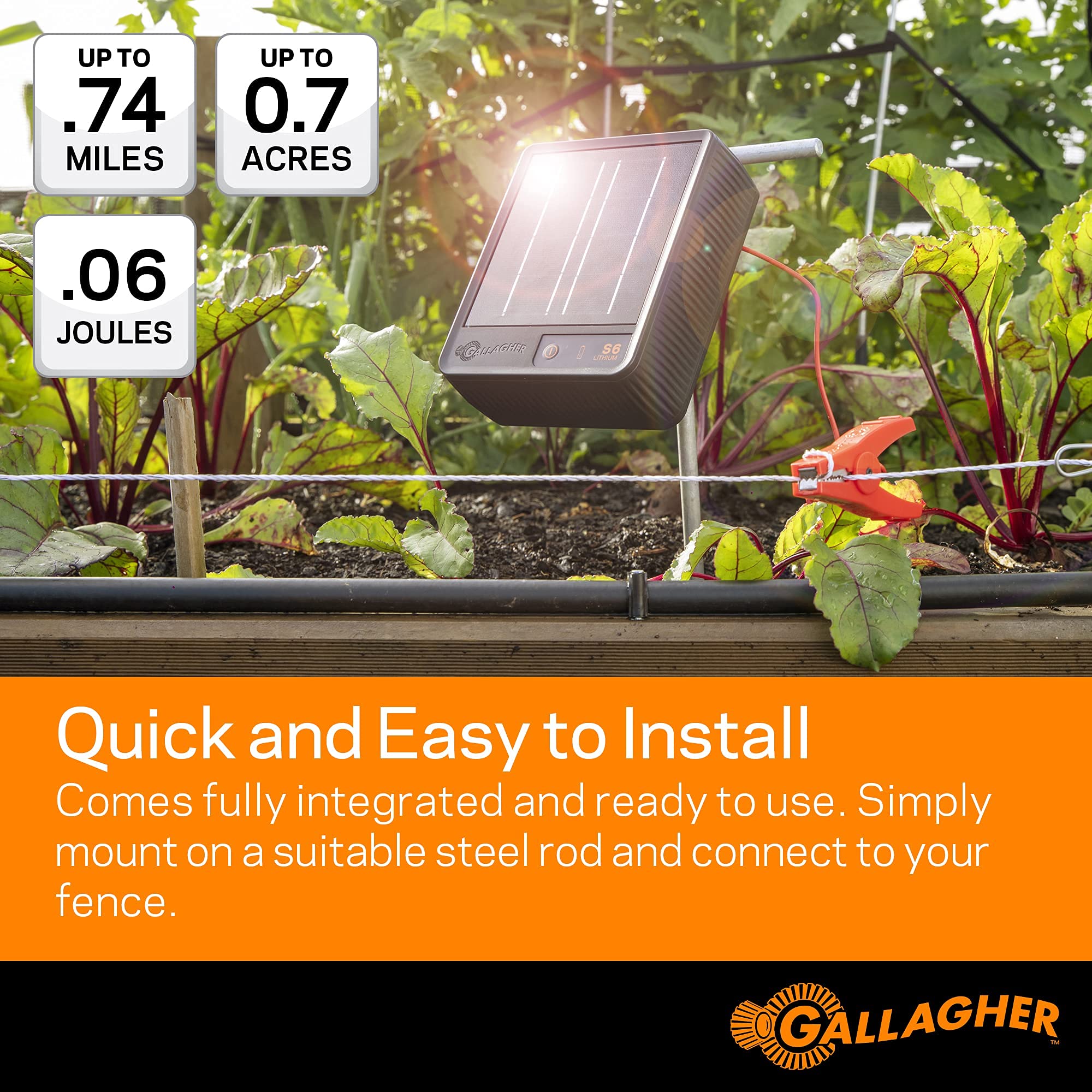 Gallagher S6 Solar Electric Fence Charger | Protect Your Backyard and Pets | Solar Lithium Technology, 0.06 Stored Joule Energizer | Unique Post Mounting System | Portable and Super Tough