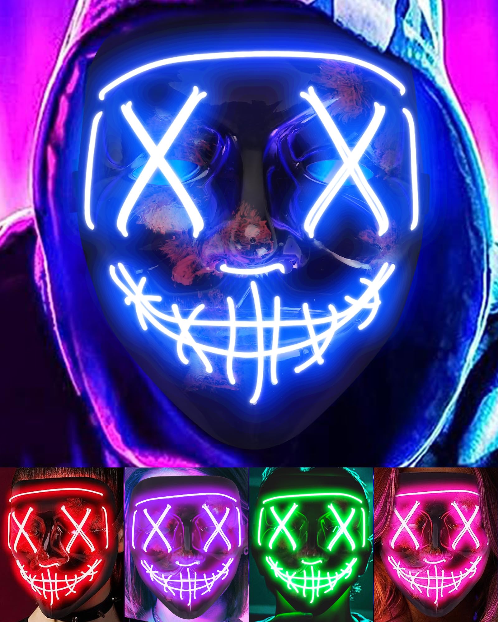 Sago Brothers Halloween Mask, LED Light Up Mask, Scary Mask for Carnival, Halloween Costumes Gifts for Men Women Boys Girls, Blue