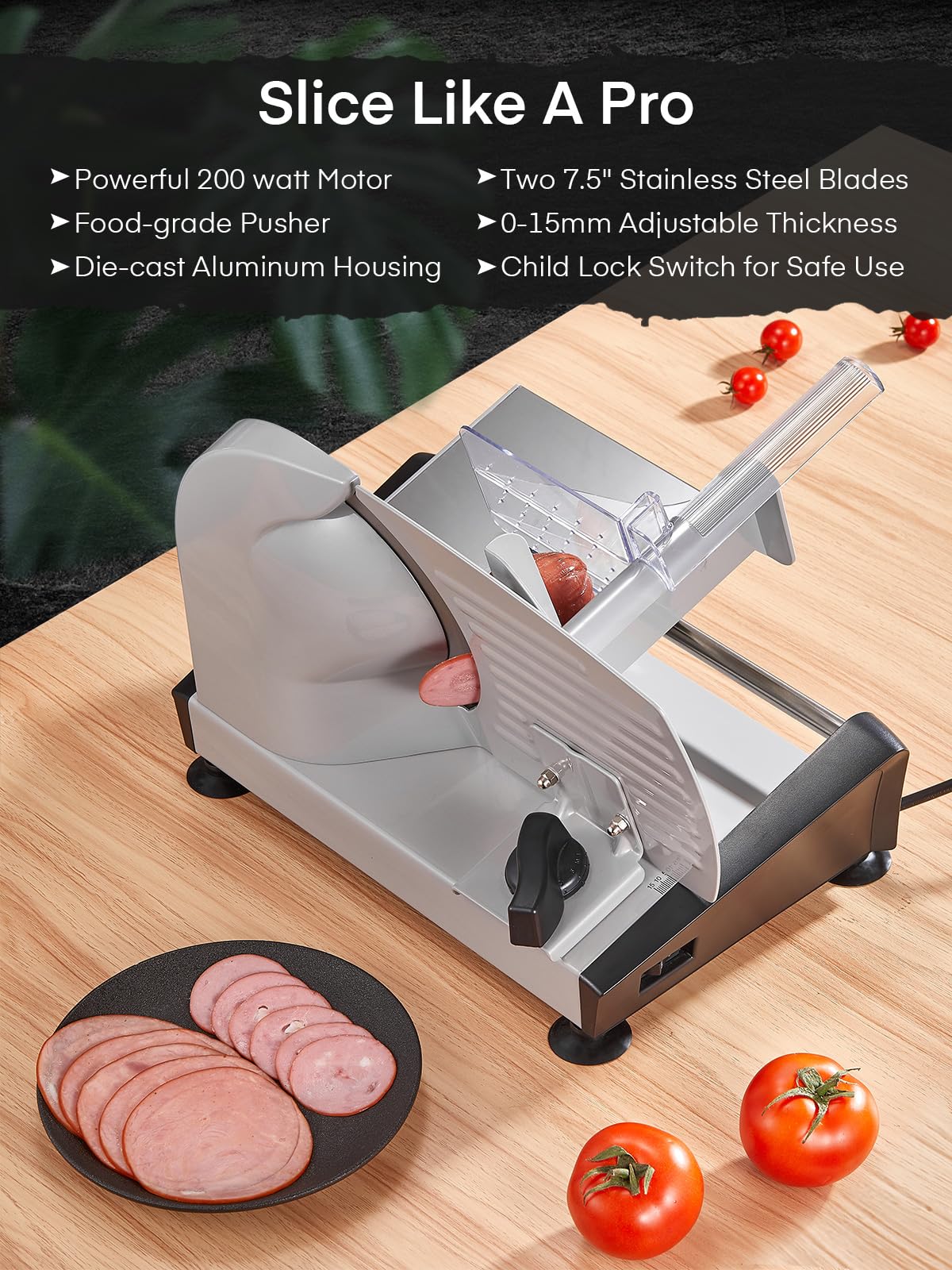 Meat Slicer for Home Use, FOHERE 200W Electric Deli Food Slicer With Two Removable 7.5" Stainless Steel Blade, Adjustable Thickness(0-15mm), Easy to Clean, Cut Meat Cheese Bread, Silver