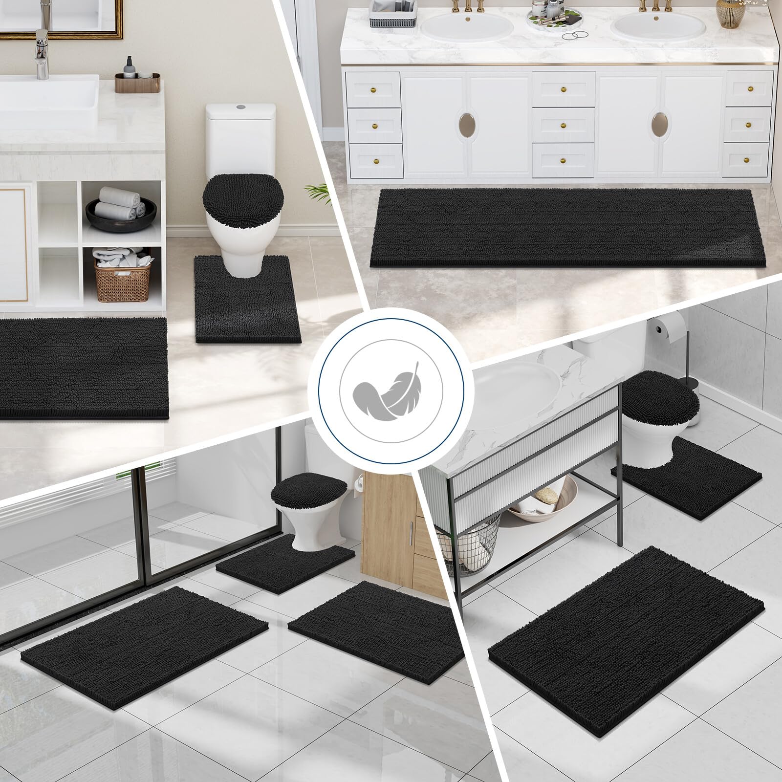 Smiry Luxury Chenille Bath Rug, Extra Soft and Absorbent Shaggy Bathroom Mat Rugs, Machine Washable, Non-Slip Plush Carpet Runner for Tub, Shower, and Bath Room(16''x24'', Black)