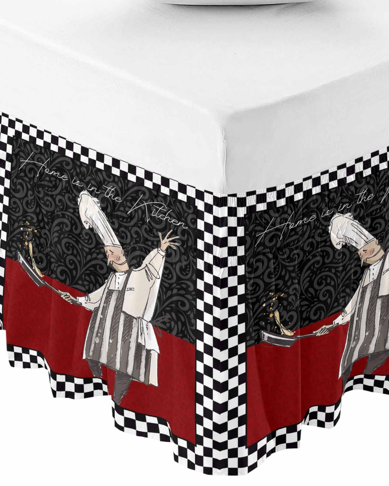 Retro Ches Bed Skirt King Size 16 Inch Drop, Adjustable & Elastic Wrap Around Bed Skirts Pleated Luxury Dust Ruffles for Twin Full Queen Cal King Base Bed, Black White Checkered Flowers Red