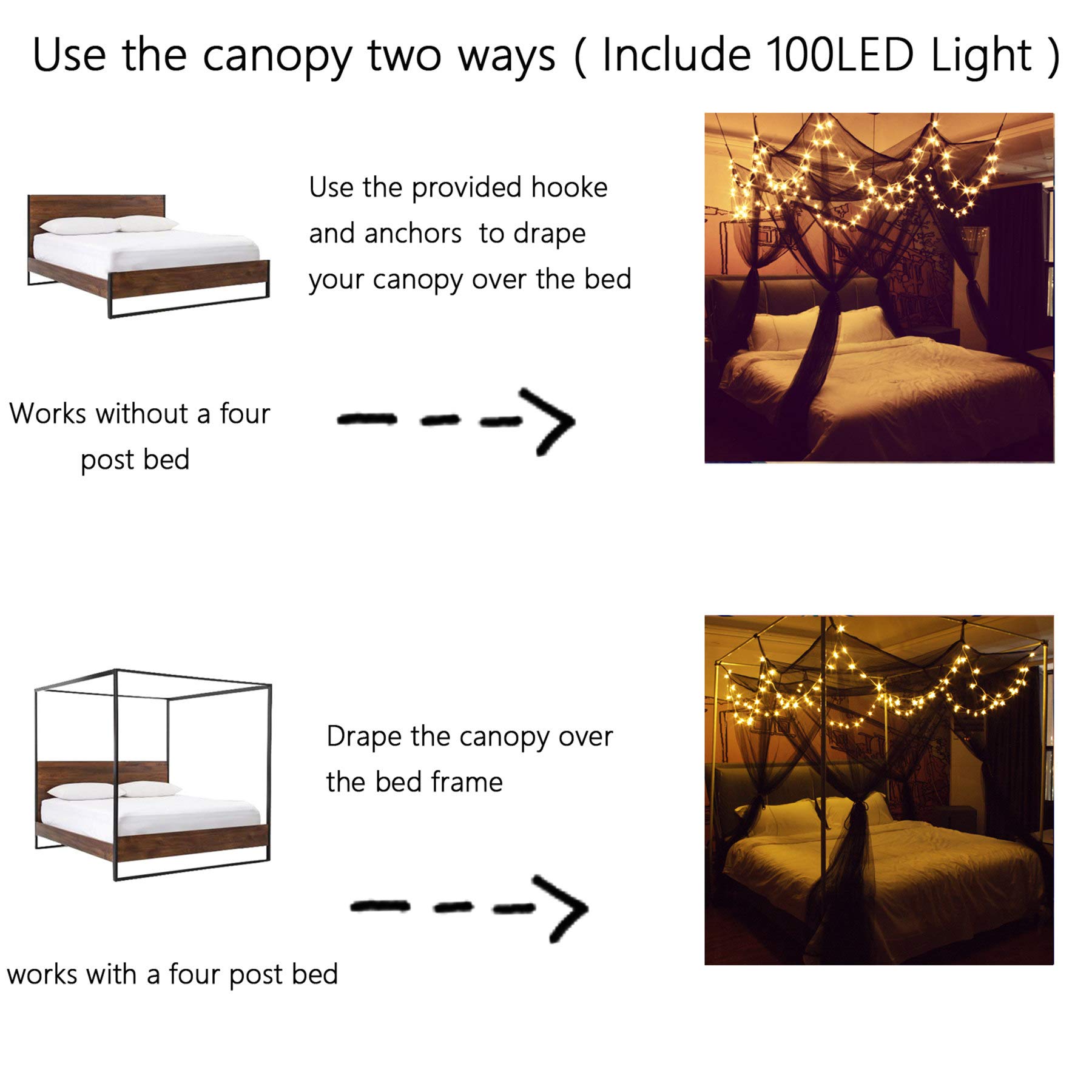 8 Corner Bed Canopy with 100 LED Star String Lights Battery Operated, Bed Netting Unique Style 4 Door Square Canopy Bed Curtains Canopy - Suggested for Twin Full Queen King Bed