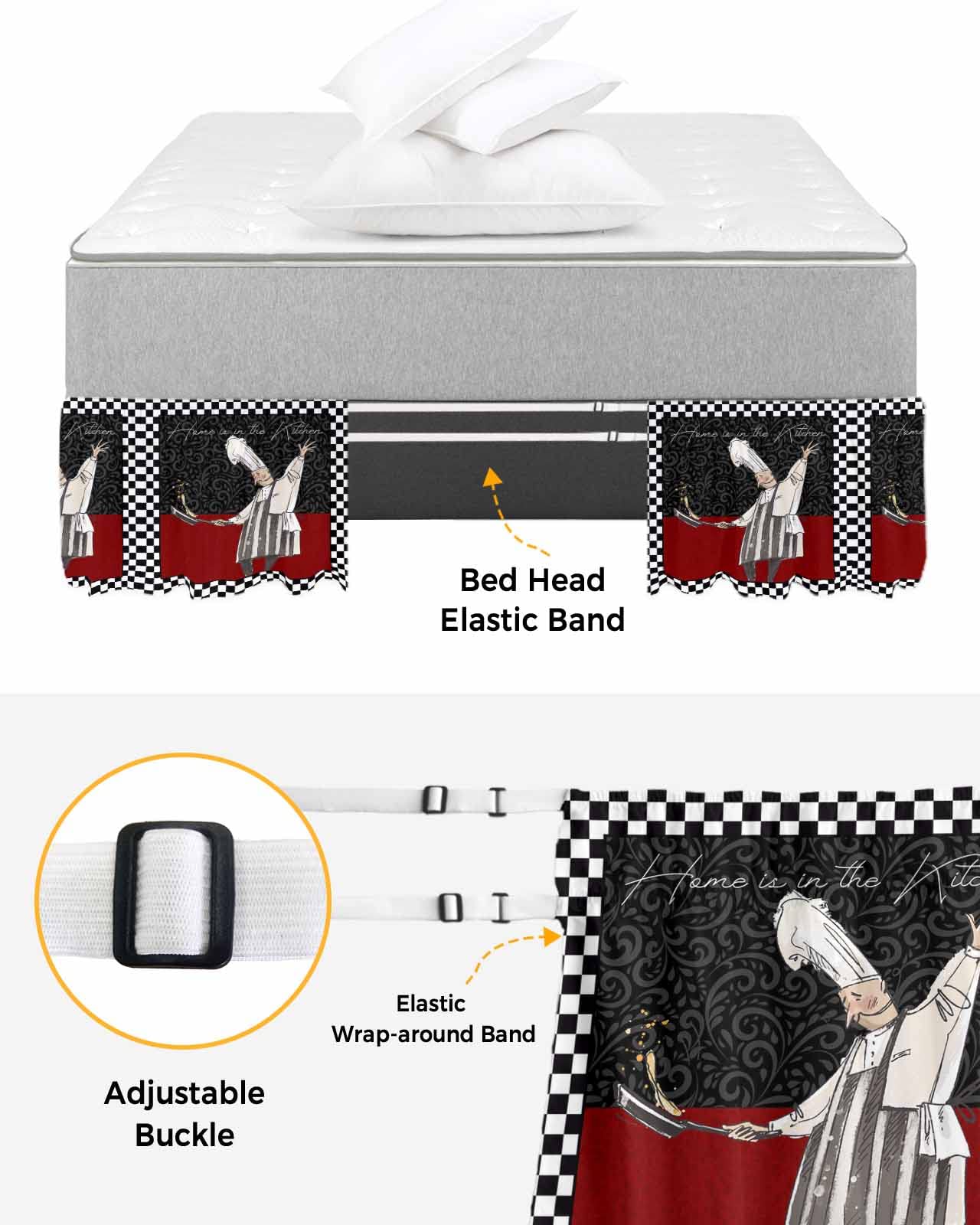 Retro Ches Bed Skirt King Size 16 Inch Drop, Adjustable & Elastic Wrap Around Bed Skirts Pleated Luxury Dust Ruffles for Twin Full Queen Cal King Base Bed, Black White Checkered Flowers Red