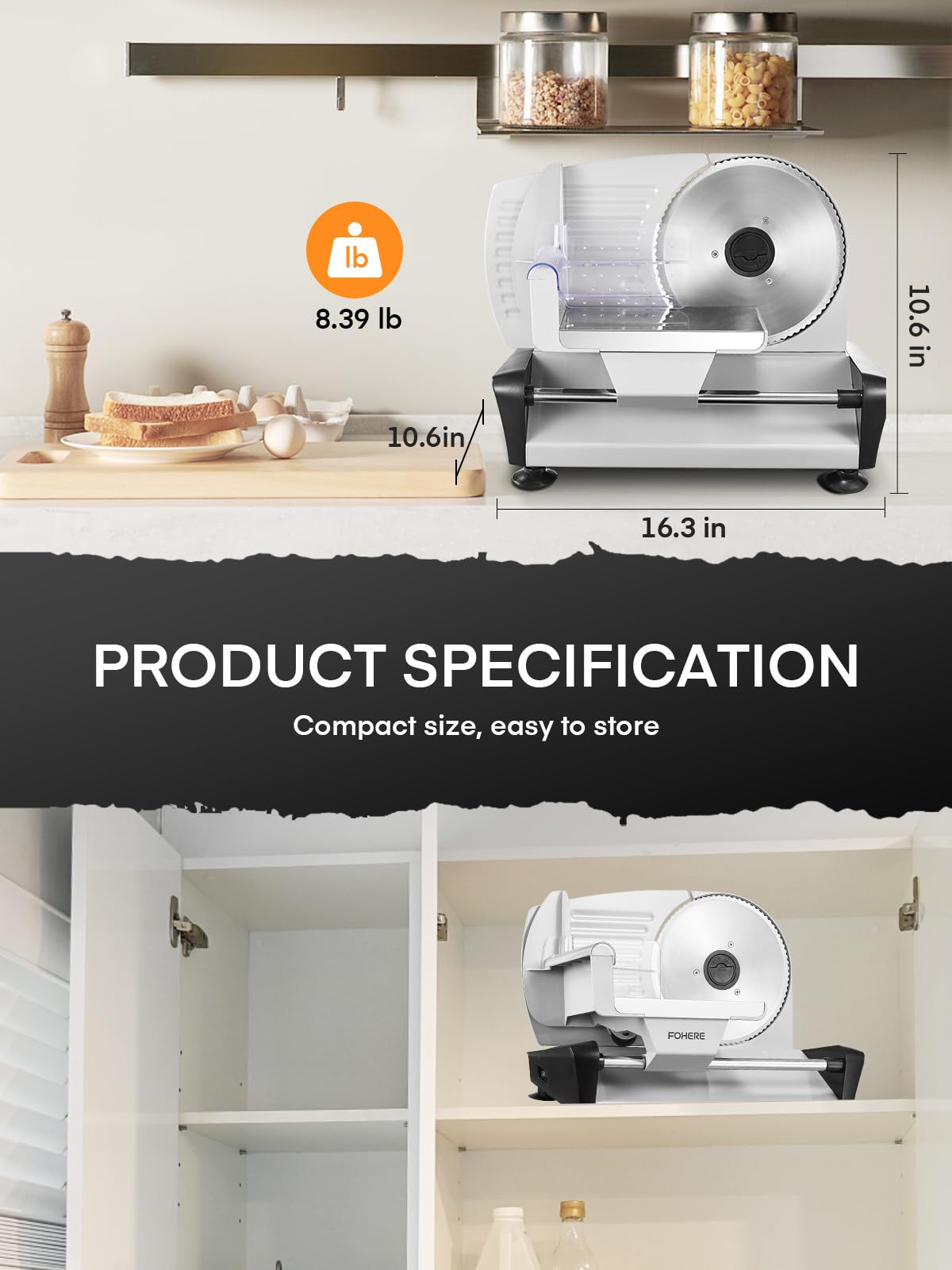 Meat Slicer for Home Use, FOHERE 200W Electric Deli Food Slicer With Two Removable 7.5" Stainless Steel Blade, Adjustable Thickness(0-15mm), Easy to Clean, Cut Meat Cheese Bread, Silver