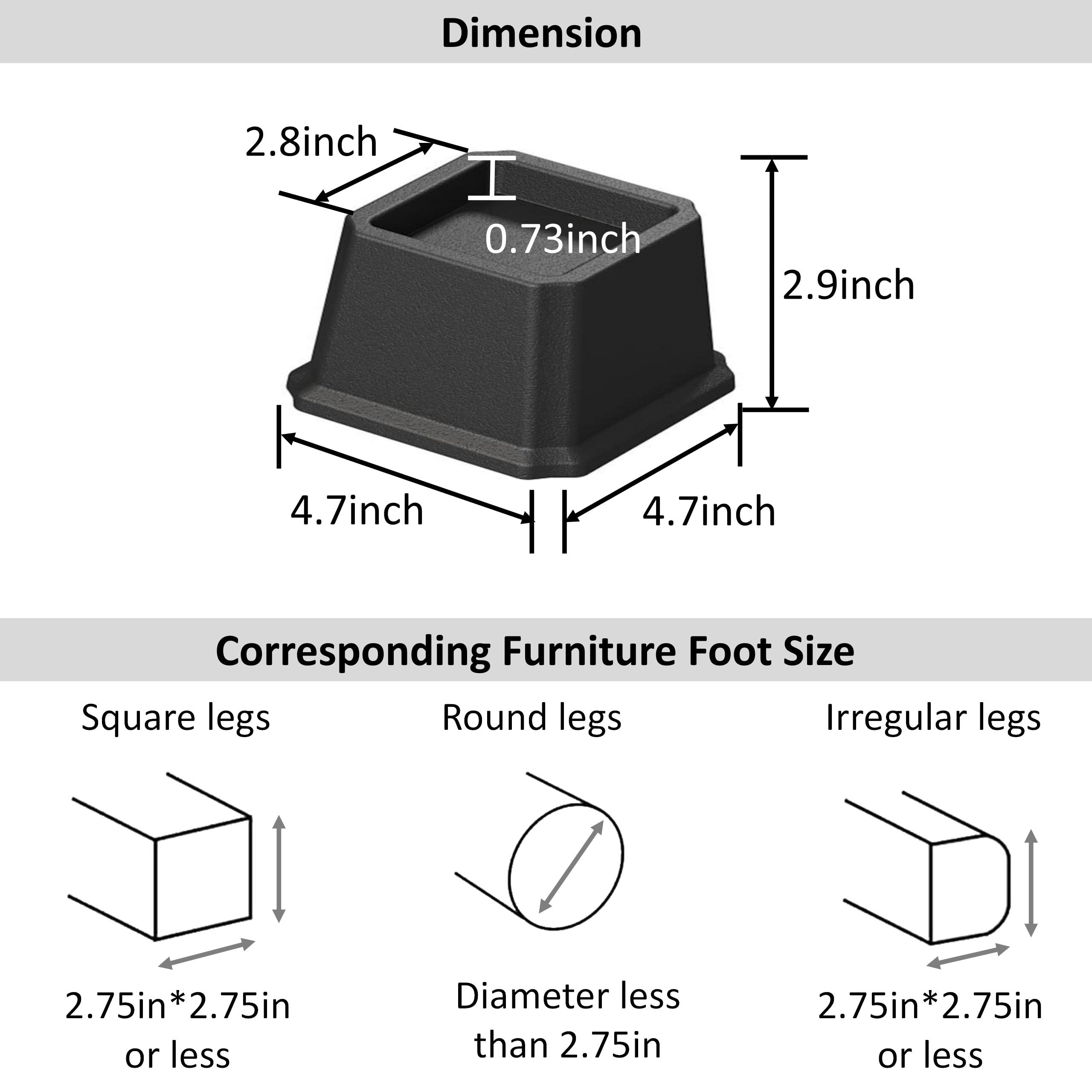 Whynonap Bed Risers 2 Inch Heavy Duty Bed Elevators, Set of 6 Lifts Up 2000 lbs Furniture Riser for Sofa and Table, Black
