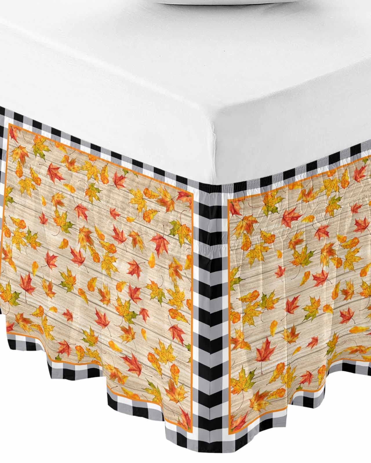 Orange Maple Leaf Bed Skirt Cal King Size 16 Inch Drop,Adjustable & Elastic Wrap Around Bed Skirts Pleated Luxury Ruffles for Twin Full Queen Cal King Bed,Autumn Fall Leaves Rustic Black White Plaid
