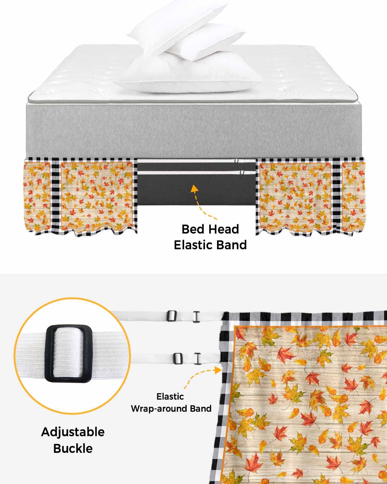 Orange Maple Leaf Bed Skirt Cal King Size 16 Inch Drop,Adjustable & Elastic Wrap Around Bed Skirts Pleated Luxury Ruffles for Twin Full Queen Cal King Bed,Autumn Fall Leaves Rustic Black White Plaid