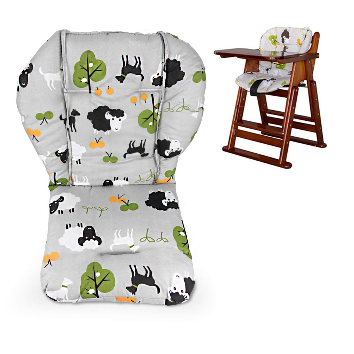 twoworld Baby High Chair Seat Cushion Liner Mat Pad Cover Resistant and High Chair Straps (5 Point Harness) 1 Suit (Grey Sheep)