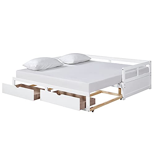 voqoomkl Twin Daybed Platform Bed with Trundle Bed and Two Storage Drawers, Extendable Daybed Twin to King, Wooden Sofa Bed Frame for Living Room, Guest Room, No Box Spring Needed, White