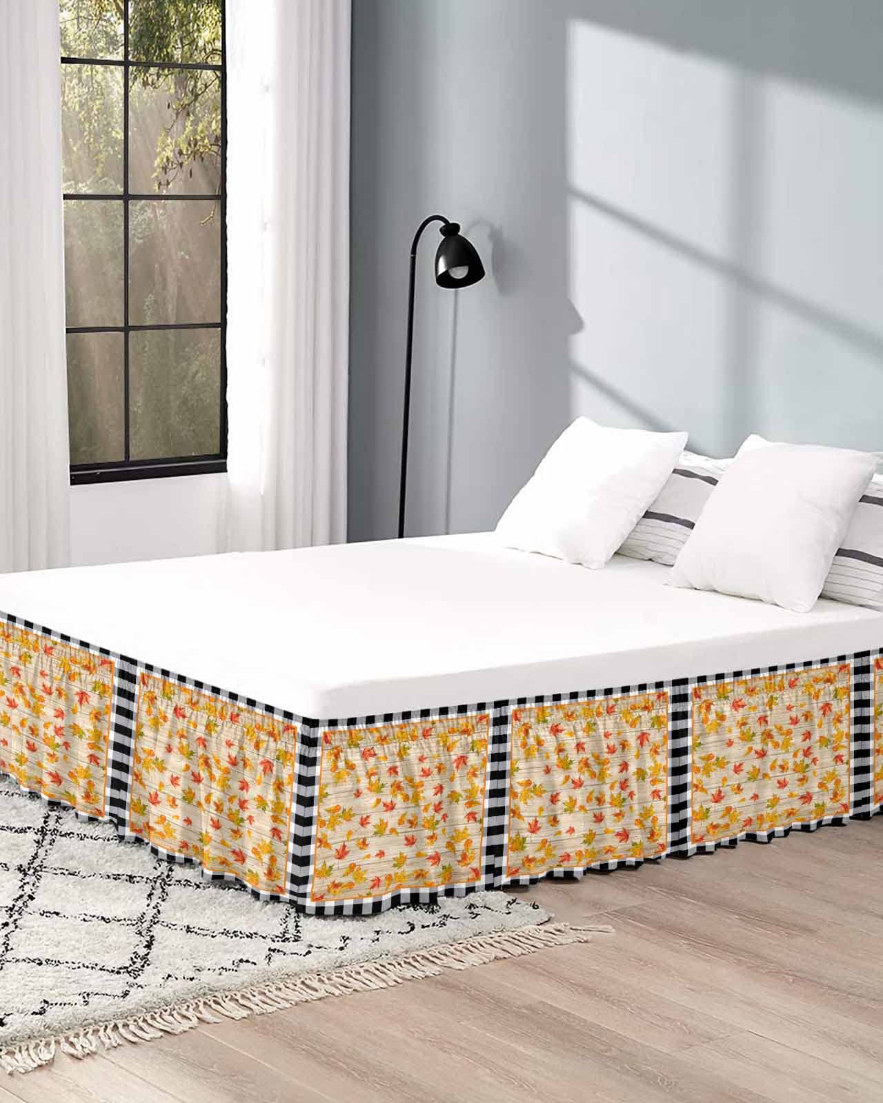 Orange Maple Leaf Bed Skirt Cal King Size 16 Inch Drop,Adjustable & Elastic Wrap Around Bed Skirts Pleated Luxury Ruffles for Twin Full Queen Cal King Bed,Autumn Fall Leaves Rustic Black White Plaid