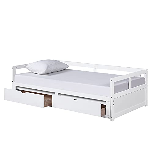voqoomkl Twin Daybed Platform Bed with Trundle Bed and Two Storage Drawers, Extendable Daybed Twin to King, Wooden Sofa Bed Frame for Living Room, Guest Room, No Box Spring Needed, White