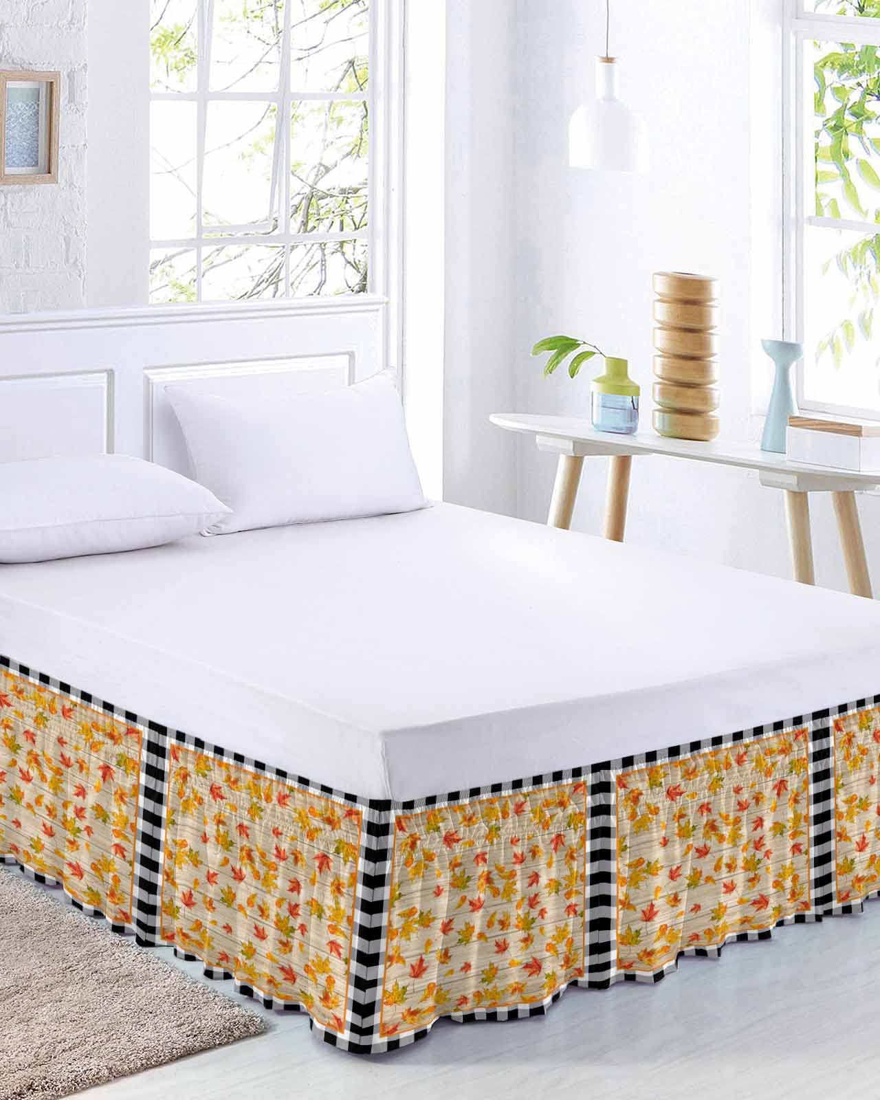 Orange Maple Leaf Bed Skirt Cal King Size 16 Inch Drop,Adjustable & Elastic Wrap Around Bed Skirts Pleated Luxury Ruffles for Twin Full Queen Cal King Bed,Autumn Fall Leaves Rustic Black White Plaid